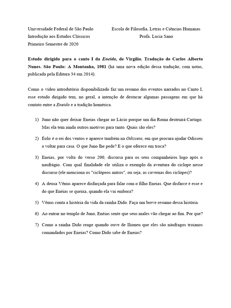 Estudo Dirigido Eneida Canto 1 | PDF