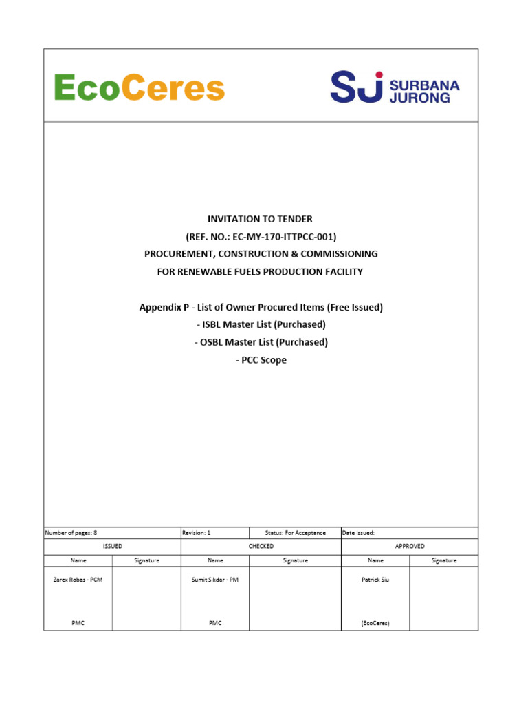 Appendix P - List of Owner Procured Items (Free Issued) (Rev7) | PDF