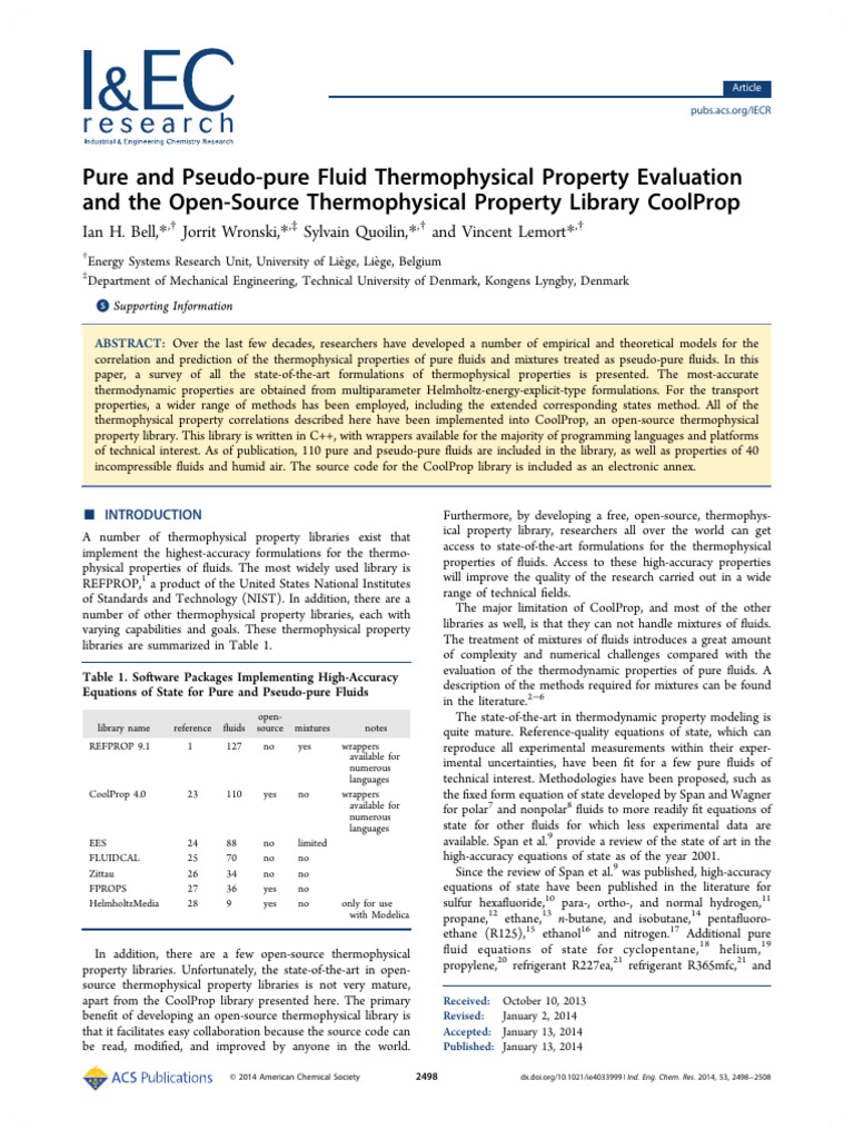 2014 - Bell Et Al - Open Source Thermophysical Property Library CoolProp | PDF