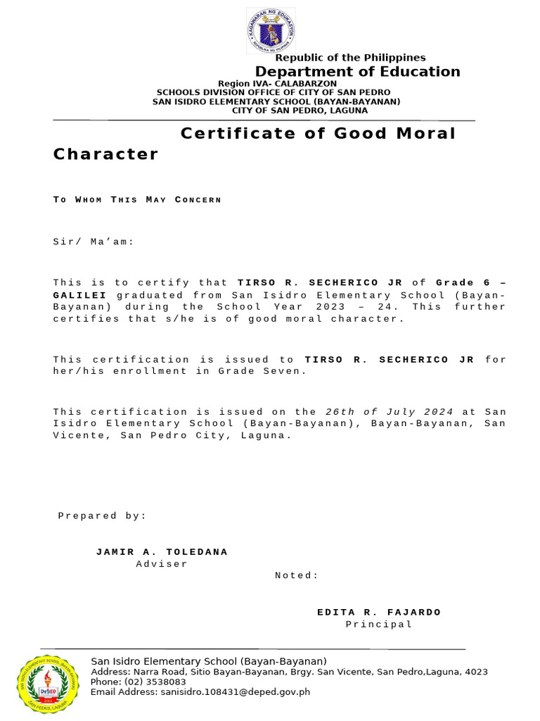 Good Moral Cert 2022 23 | PDF