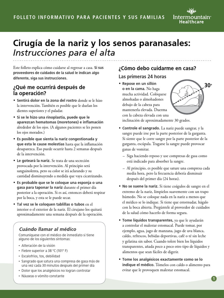 Nose and Sinus Surgeries Discharge Instructions Fact Sheet Spanish | PDF