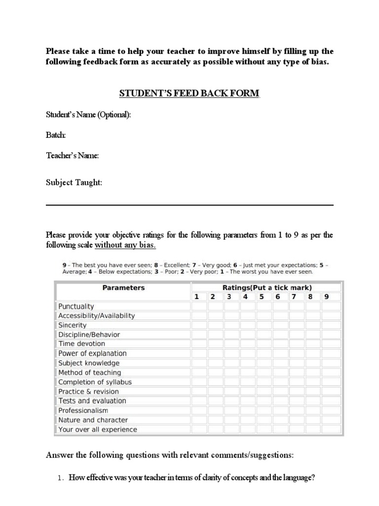 Teacher Feedback Form for Students | PDF