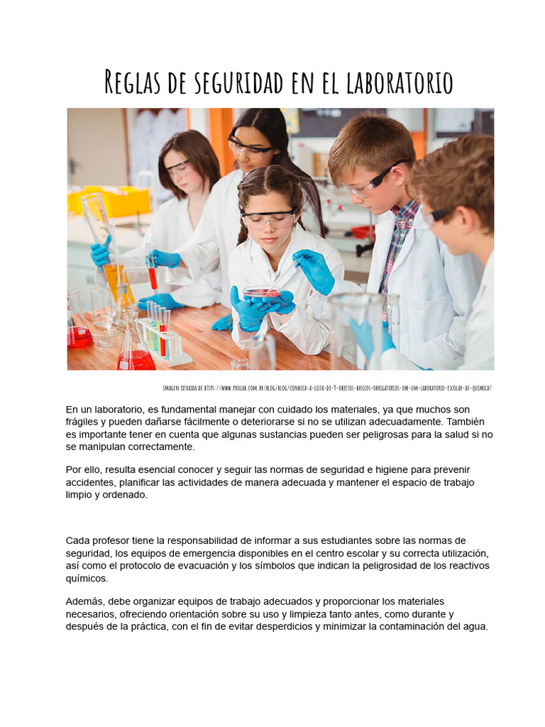 Reglas de seguridad en el laboratorio | PDF