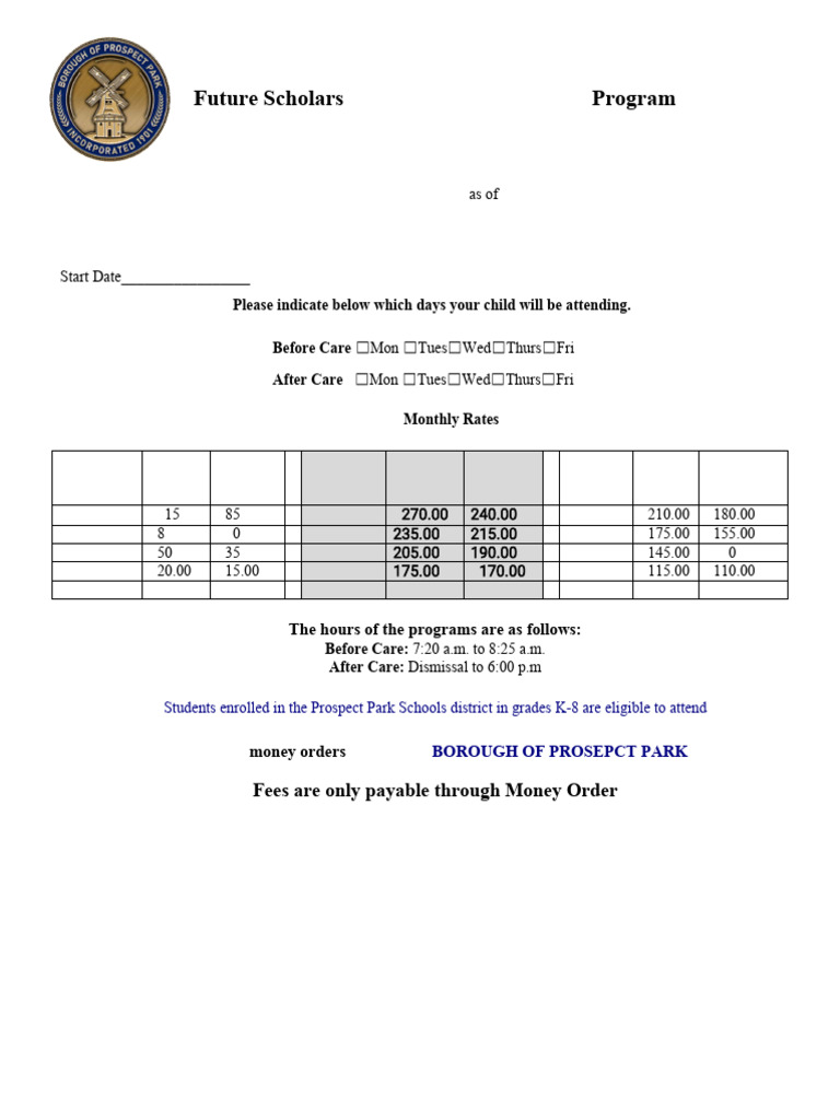 Future Scholars Before & After Care Program Registration Form | PDF ...