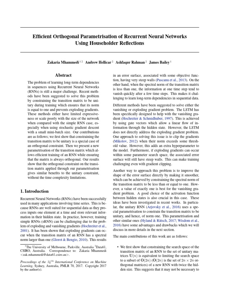 Efficient Orthogonal Parametrisation of Recurrent Neural NetworksUsing Householder Reflections | PDF