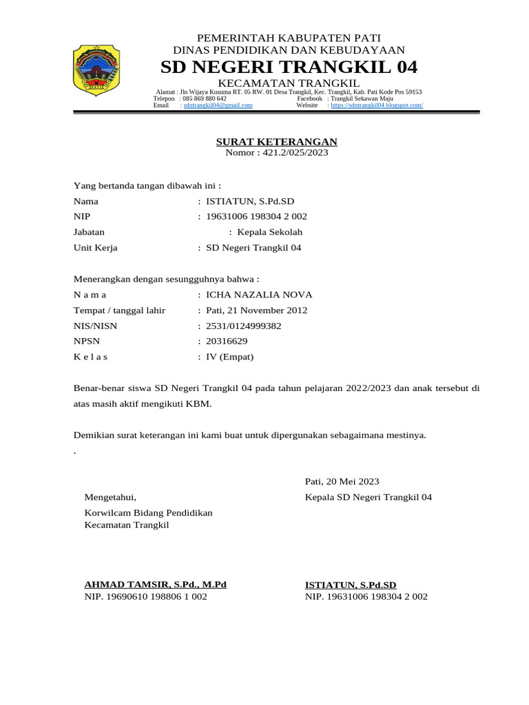 Suket Aktif Sekolah Di SDN Trangkil 04 Mengetahui Korwilcam | PDF