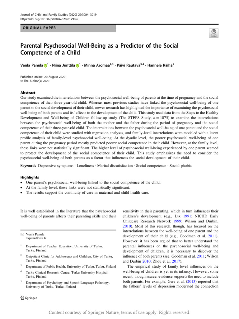 Parental Psychosocial Well-Being As A Predictor of | PDF