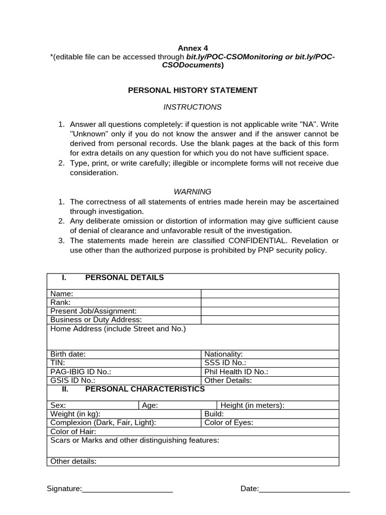 A4_Personal History Statement | PDF
