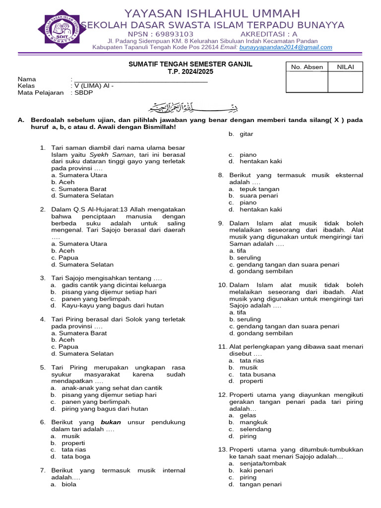 SOAL Sumatif GANJIL SBDP REVISI | PDF