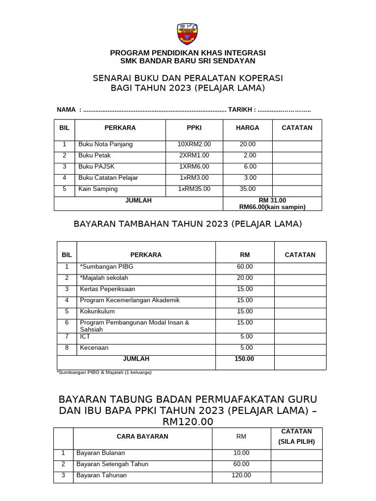Senarai Bayaran Buku Dan Peralatan Koperasi 2023 PELAJAR LAMA | PDF