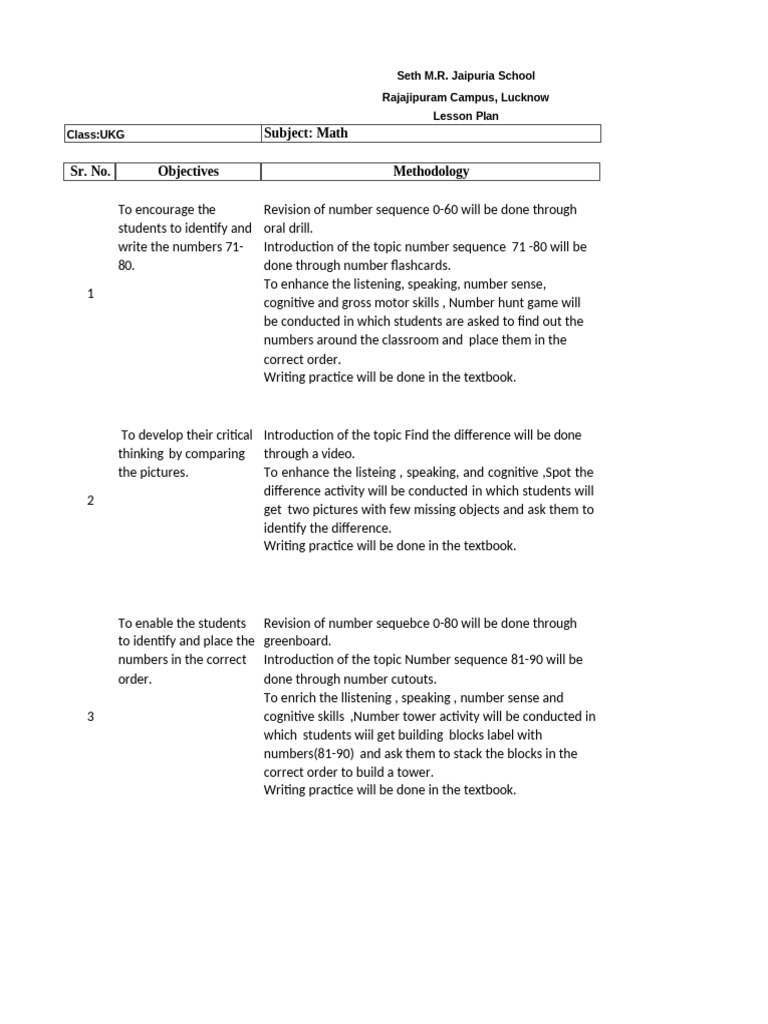 UKG Lesson Plan MATH | PDF