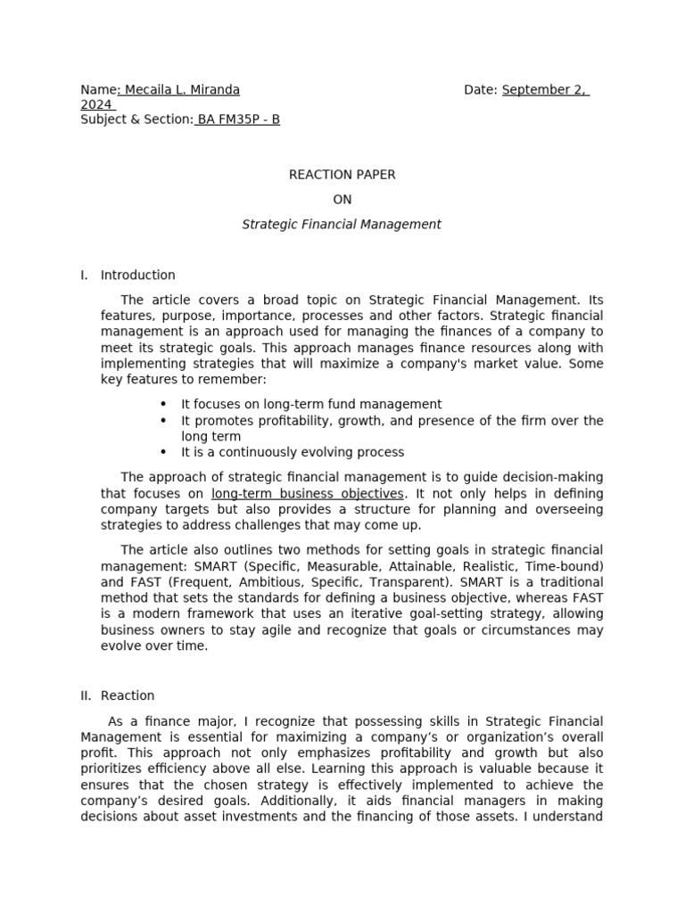 Strategic Financial Management Reaction Paper Format | PDF