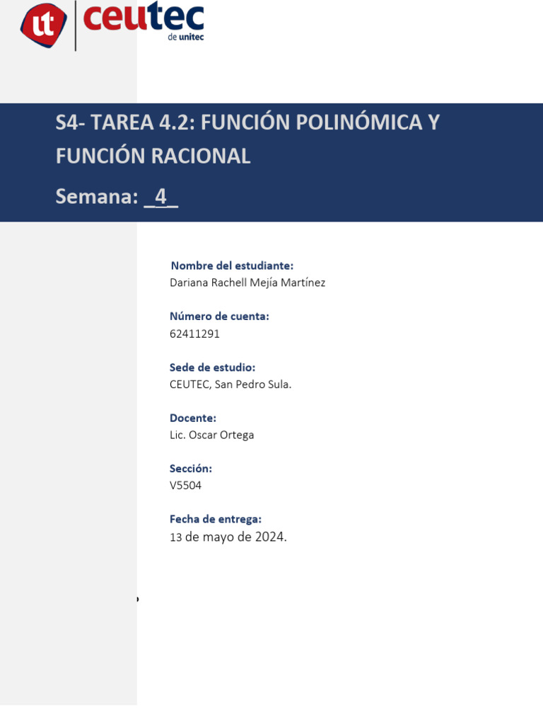 S4 - Tarea 4.2 Función Polinómica y Función Racional. Dariana Mejia | PDF