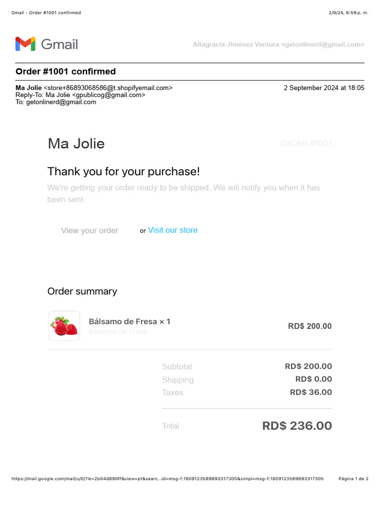 Gmail - Order #1001 Confirmed | PDF