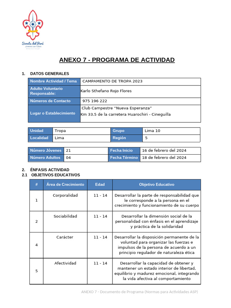 ANEXO-7-Documento de Programación de Actividades CAMPAMENTO VAL | PDF