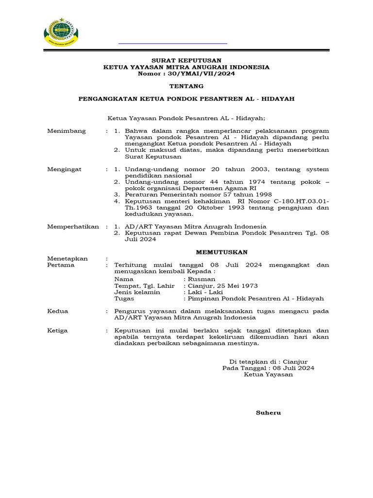 509231913-SK-YAYASAN-PENDIDIKAN-PONDOK-PESANTREN Al Hidayah | PDF