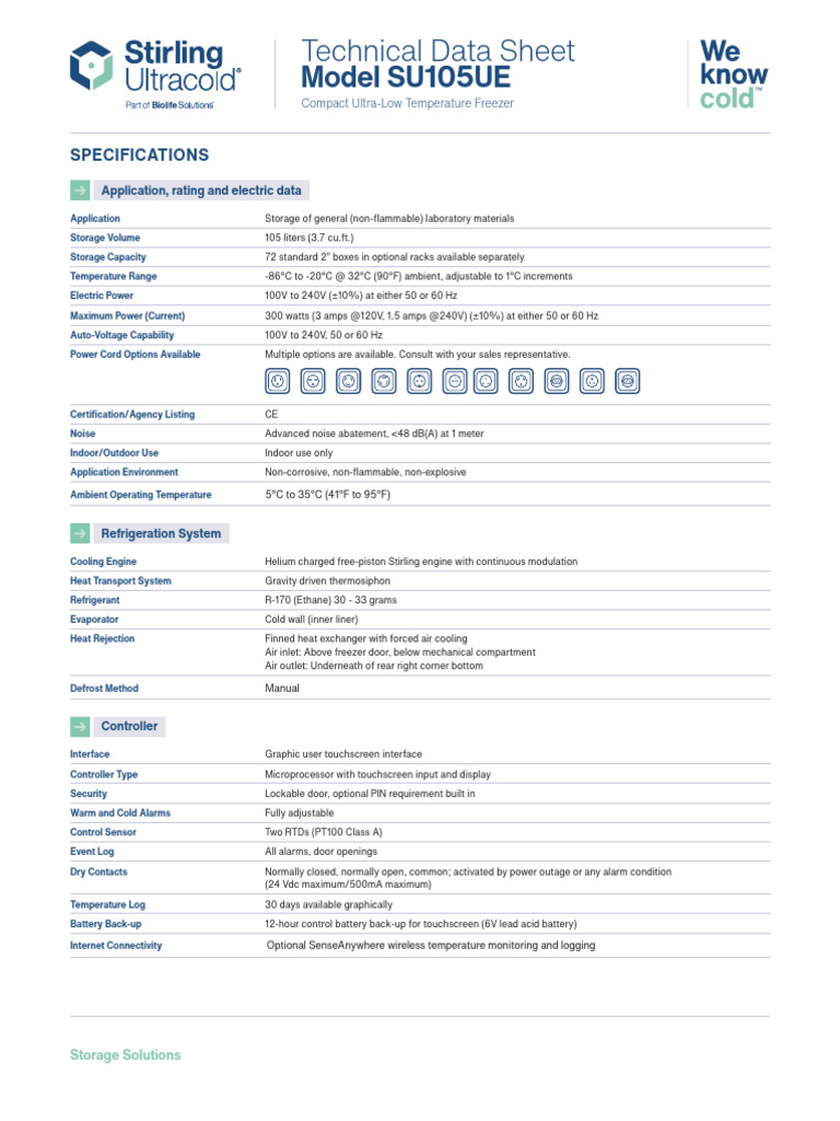 SU105UE Technical Data Sheet Stirling Ultracold | PDF
