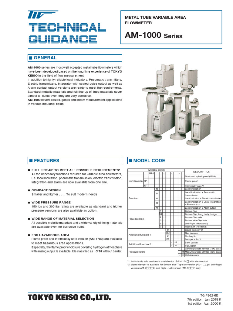 Tokyo Keiso, Metal Tube Variable Area Flowmeter AM-1000 | PDF