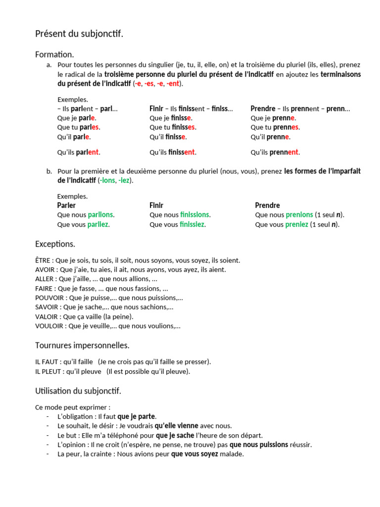 A2.1 Subjonctif Prã©sent | PDF
