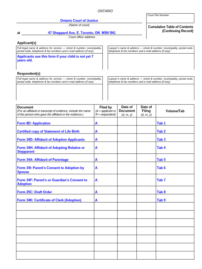 Form 01 Cumulative Table of Contents Continuing Record | PDF