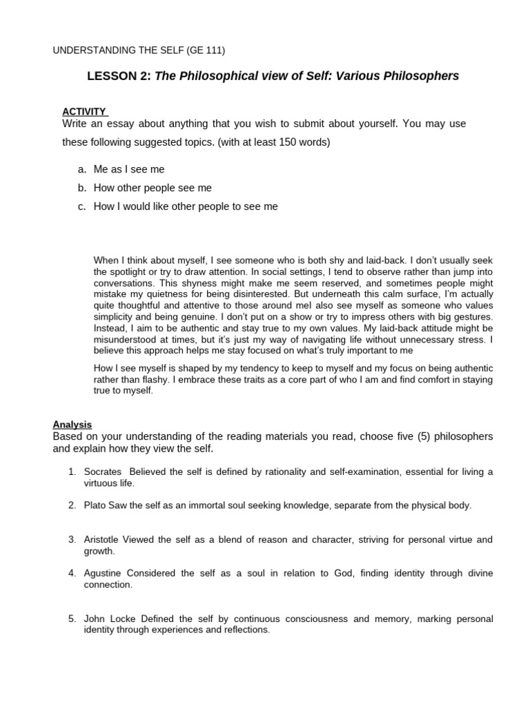 GE 111-LESSON 2 Assignment | PDF | Philosophy | Self-Improvement