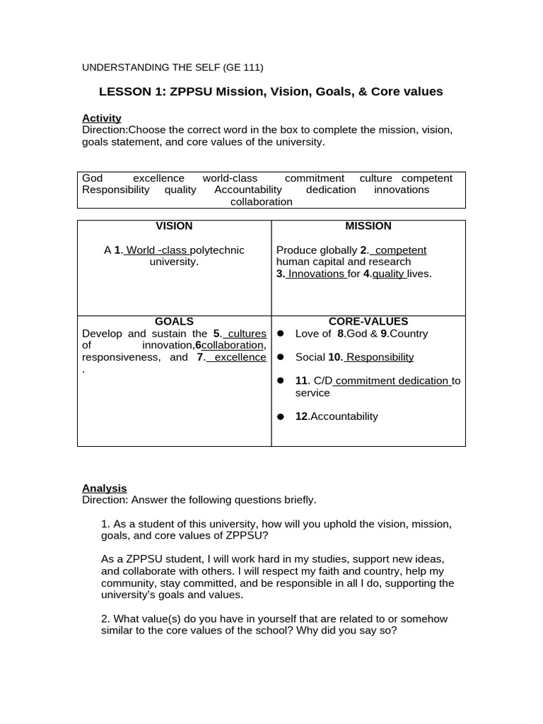 GE 111-Lesson 1 ZPPSU Mission, Vision, Goals & Core Values | PDF