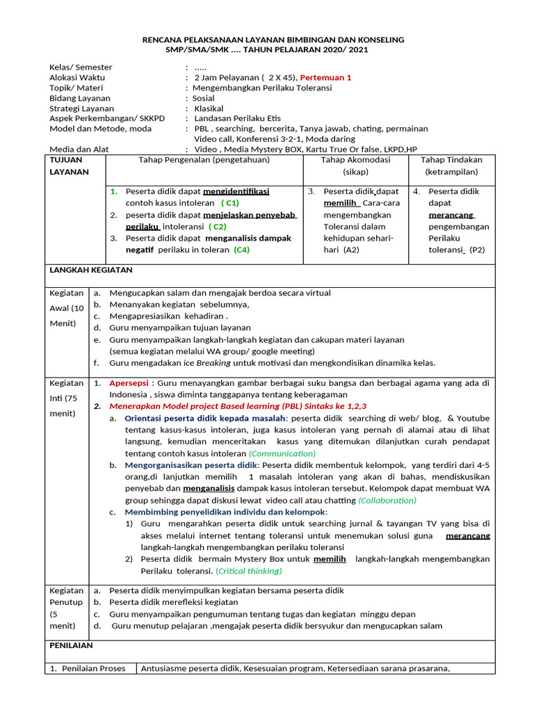 Contoh RPL BK 1 Lembar (Daring) | PDF