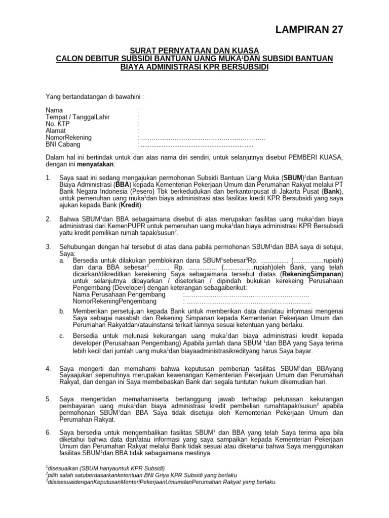 Lampiran 27 - Surat Pernyataan Dan Kuasa Calon Debitur SBUM Dan BBA ...