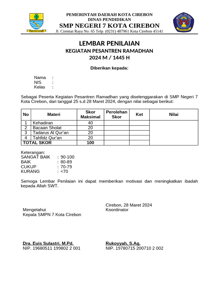 Konsep Lembar Penilaian Pesantren Ramadhan | PDF