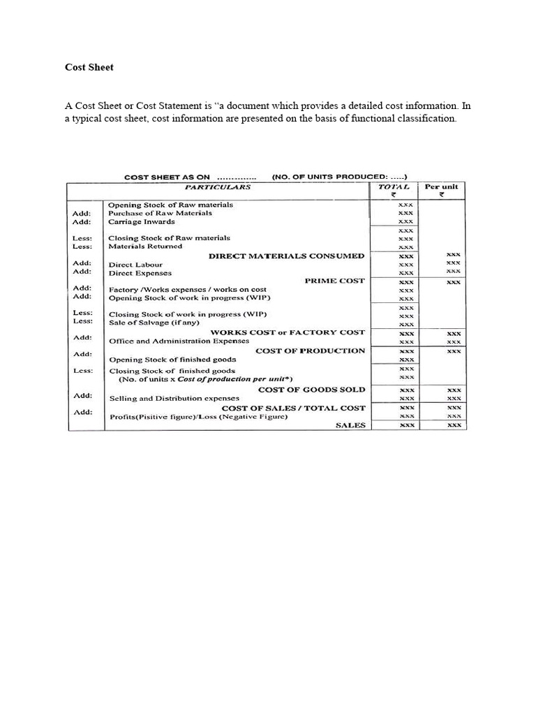 Cost Sheet Class Illustration+revision | PDF