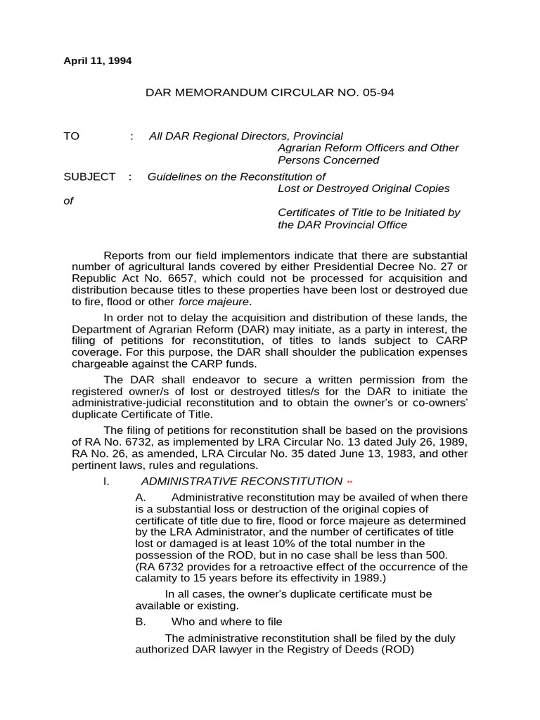 Dar Memorandum Circular No. 05-94 For LRC - Reconstitution Initiated by ...