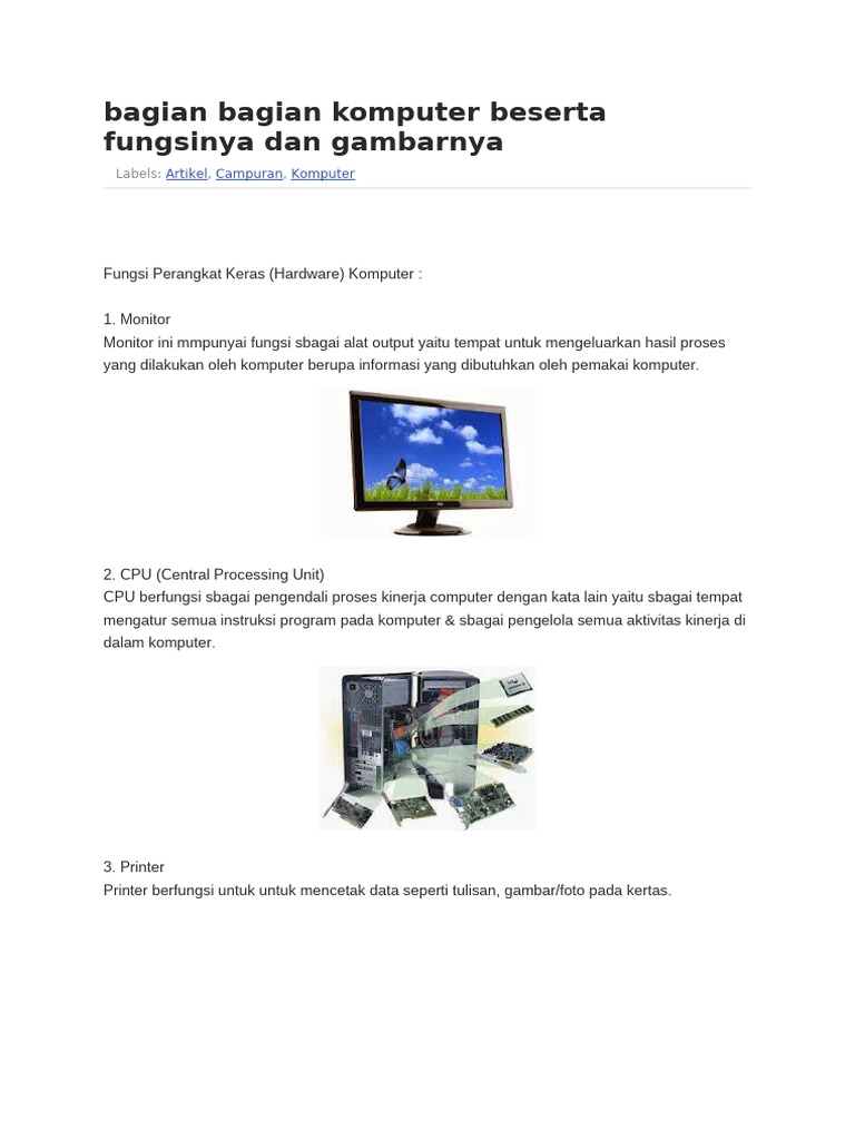 Bagian Bagian Komputer Beserta Fungsinya Dan Gambarnya | PDF