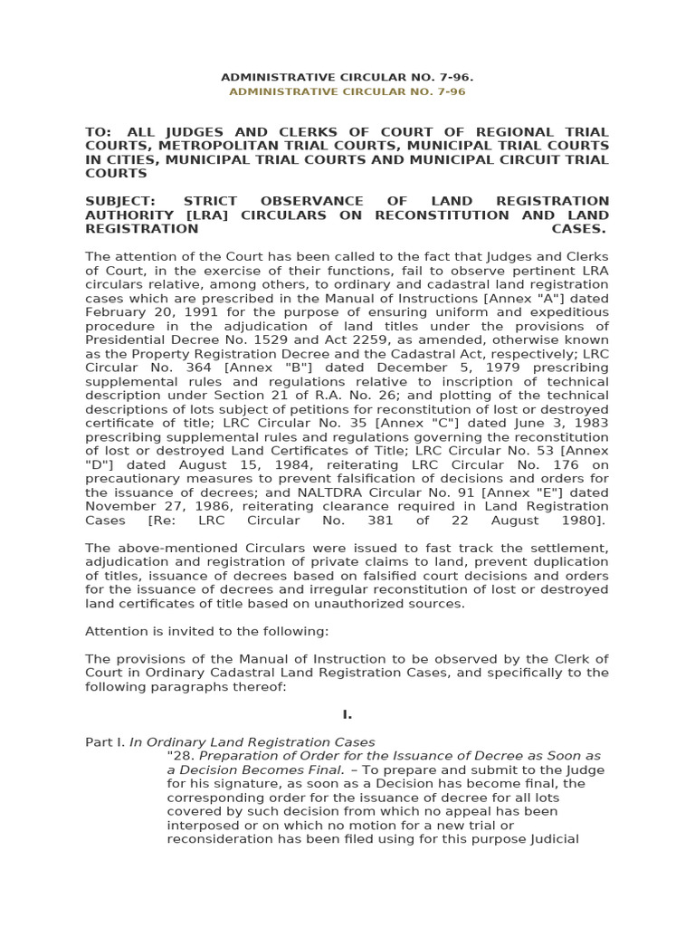 LRC Administrative Circular 7-96 | PDF