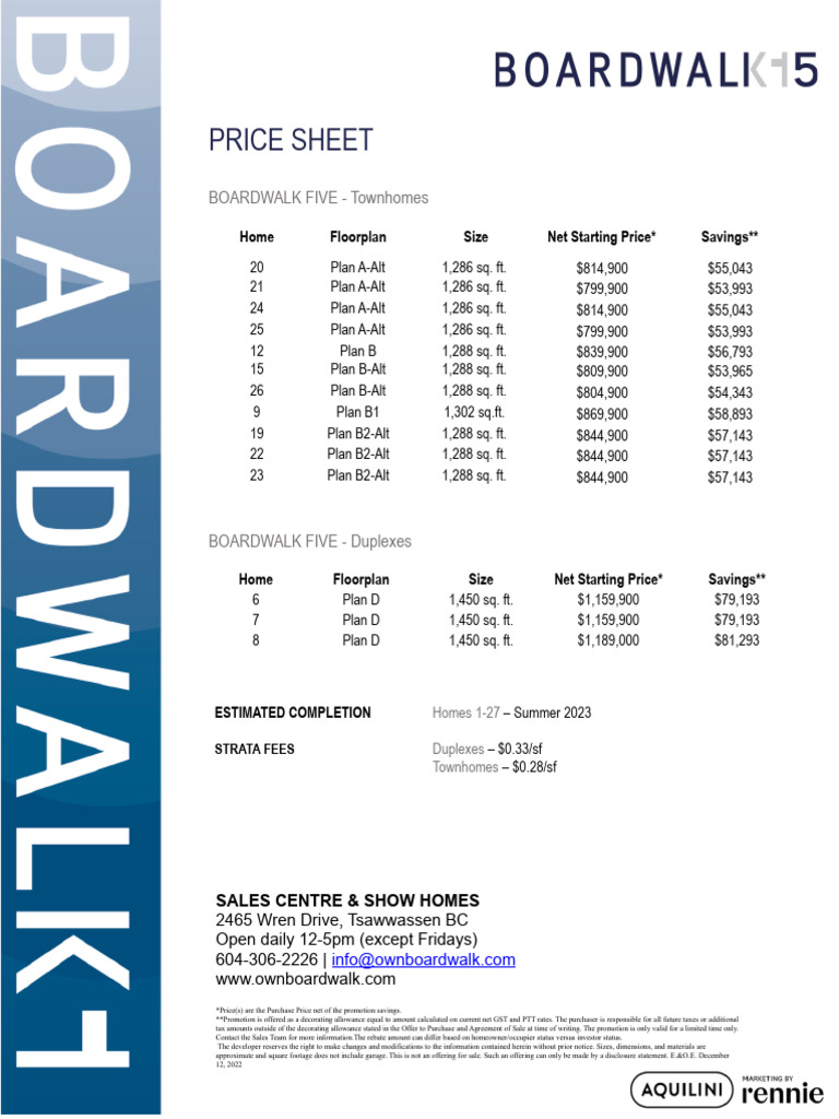 BoardwalkFive - PriceSheet.March.23 | PDF | Taxes | Economies