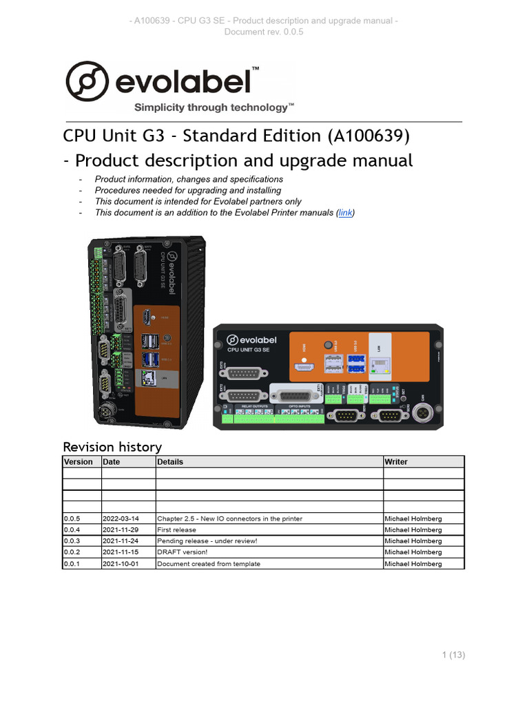 CPU Unit G3 (SE) - Product Description and Upgrade Manual (A100639) | PDF