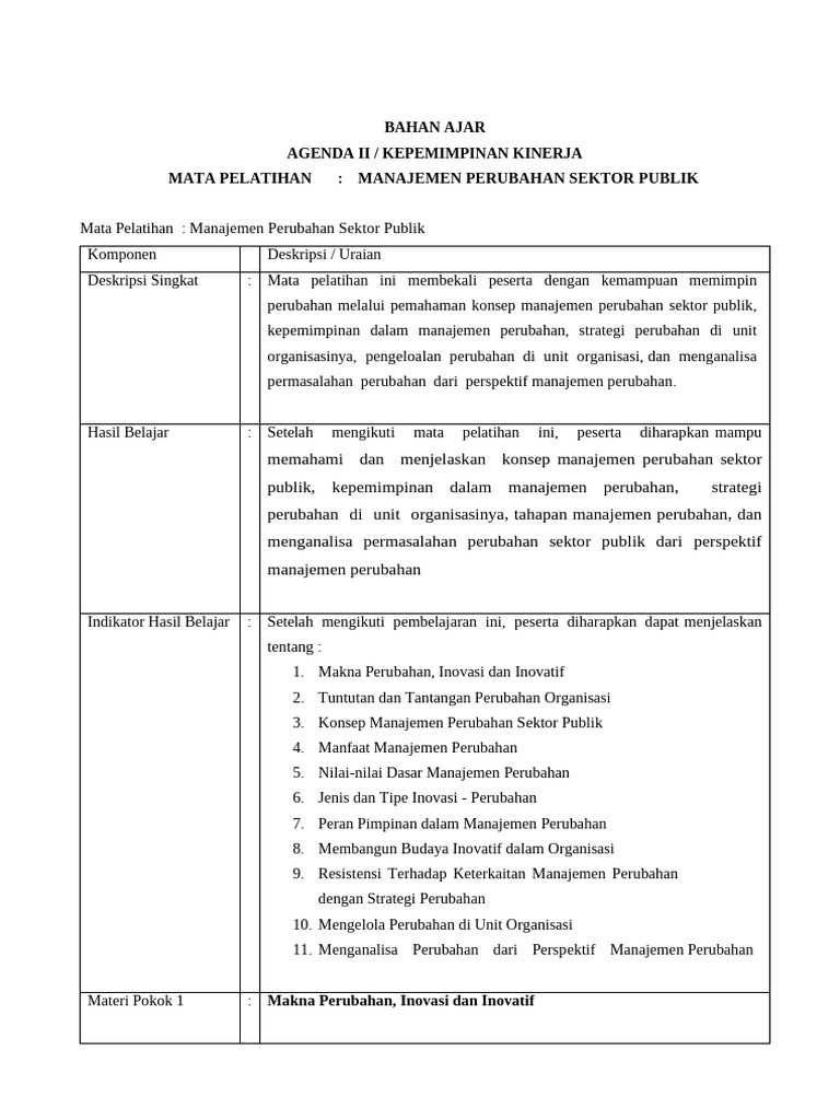 Bahan Ajar - Manajemen Perubahan Sektor Publik - Pka | PDF