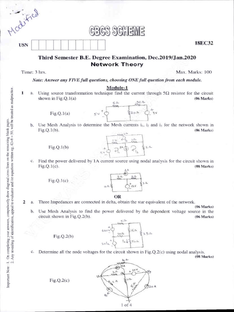 VTU Exam Question Paper With Solution of 18EC32 Network Theory Jan-2020 ...
