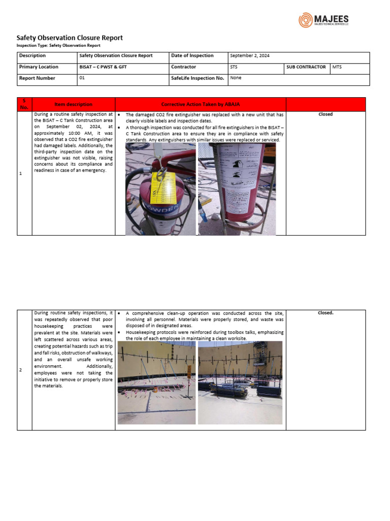 Safety Observation Closure Report - Bisat C (Tank Construction) Majees ...