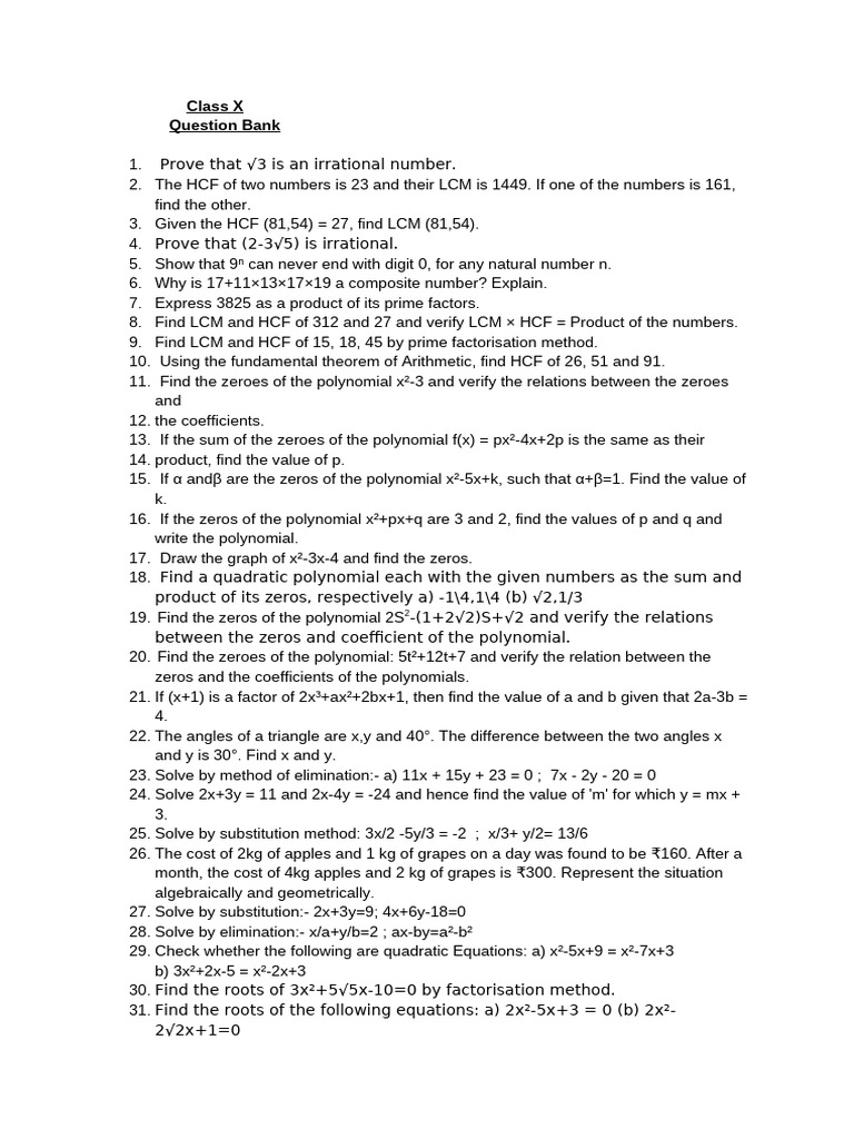 Class X Maths Term 1 Question Bank | PDF | Factorization | Polynomial