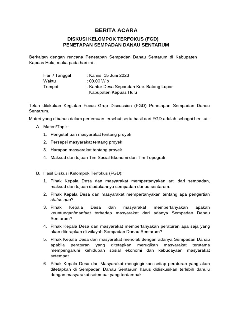 BERITA ACARA FGD Desa Sepandan Dan Desa Lanjak Deras | PDF