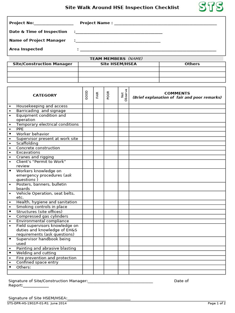 STS-DPR-HS-1902.F-01-R1 Site Walk Around HSE Inspection CL | PDF