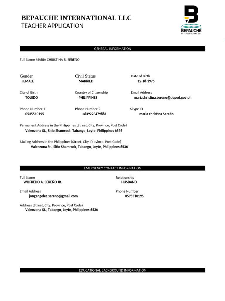 Bepauche International LLC - Teacher Application Form | PDF