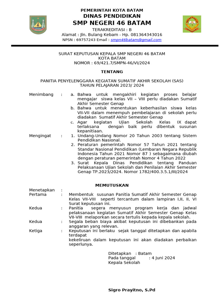 SK Panitia Sumatif Akhir Semester Genap | PDF