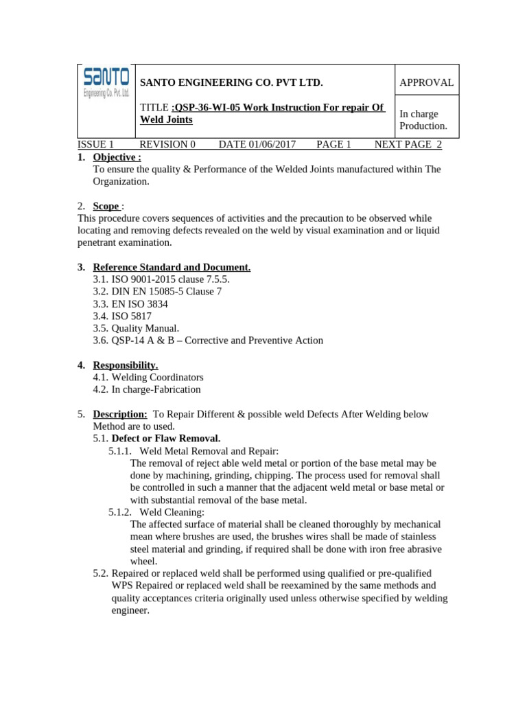 QSP-19-WI-05 Procdure of Repair of Weld | PDF