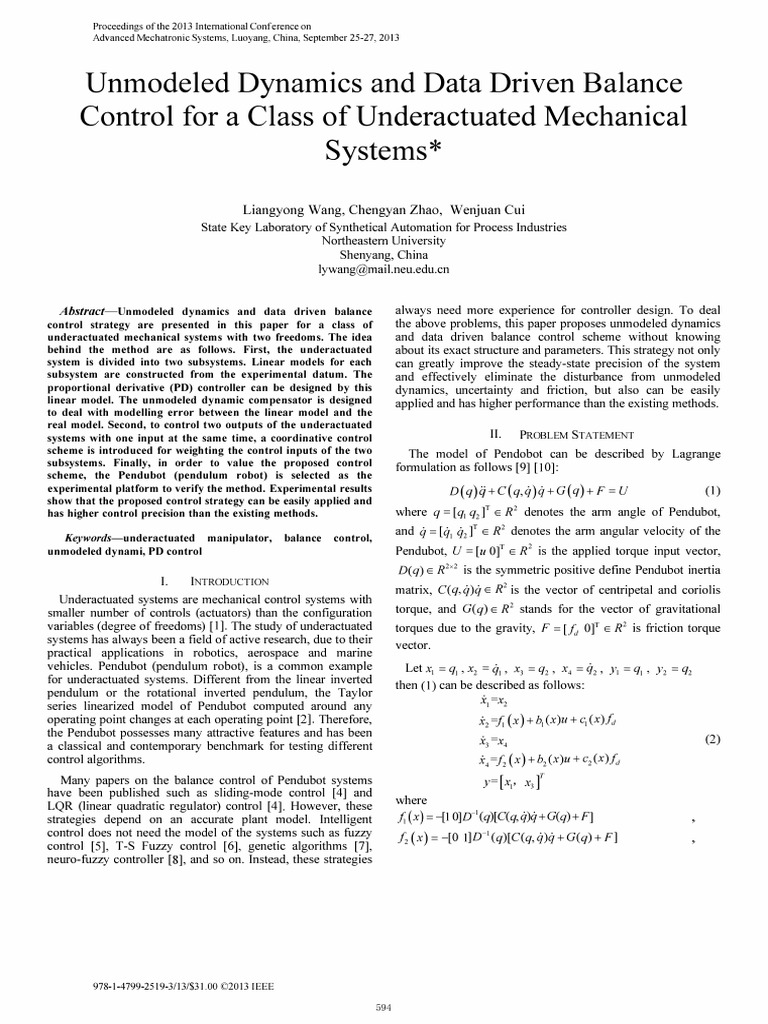 Unmodeled Dynamics and Data Driven Balance Control For A Class of Under Actuated Mechanical ...