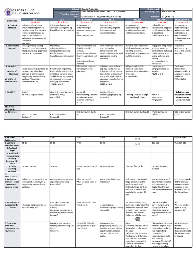 DLL - All Subjects 2 - Q1 - W7 - D3 | PDF