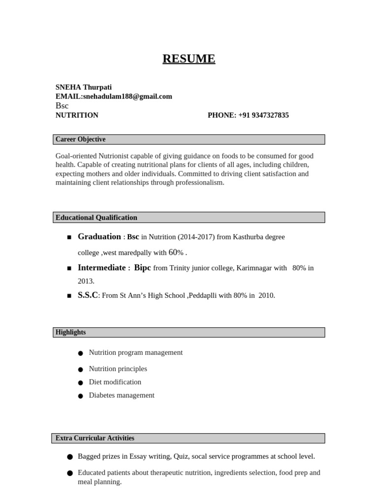 Nutritionist Resume of Sneha Thurpati | PDF | Self-Improvement | Wellness