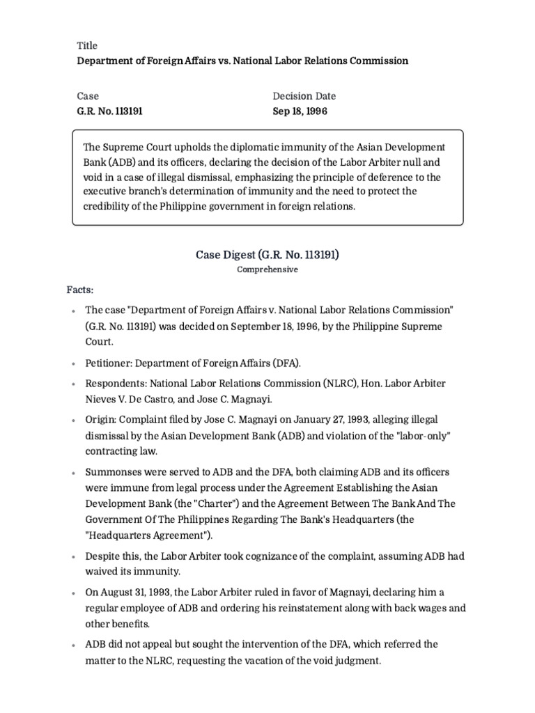 ADB Immunity in Labor Case G.R. 113191 | PDF | Certiorari | Qualified ...