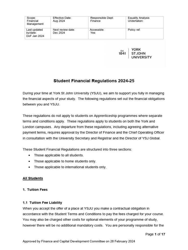 Student Financial Regulations 2024-25 | PDF