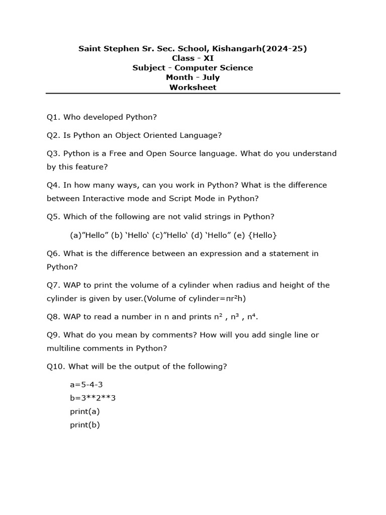 XI CS July Month Worksheet | PDF XI CS July Month Worksheet | PDF